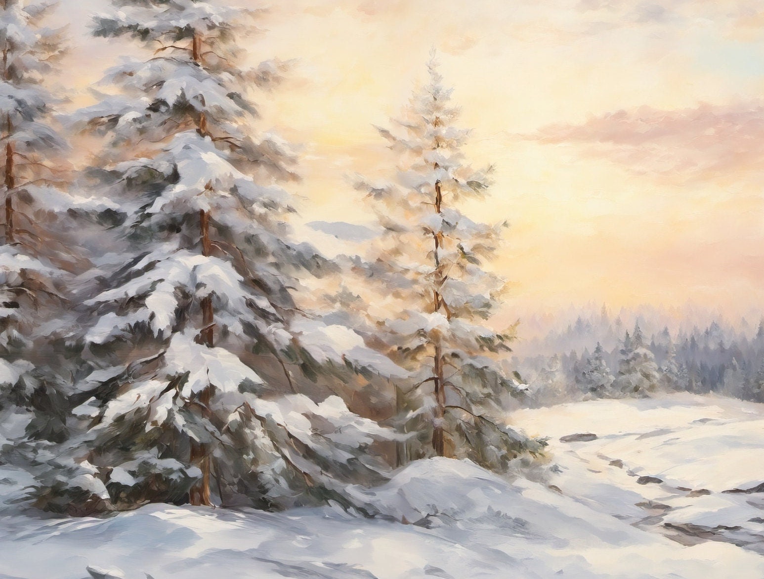 Snowy Forest Landscape Print | Winter Holiday Decor | Sunset Pine ...