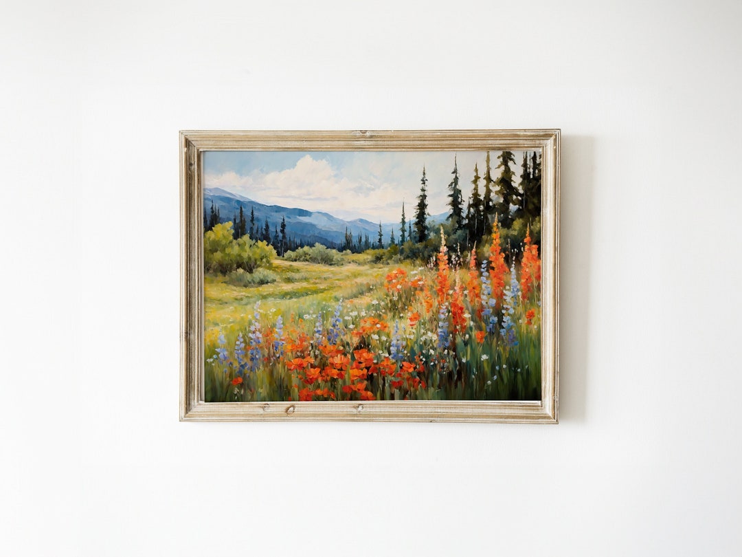 Wildflower Field Print Rustic Landscape Decor Wall Art Home Sunset Sky ...