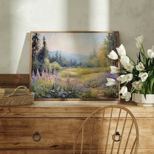 Serene Meadow Landscape Print | Spring Oil Painting Floral Wildflower ...