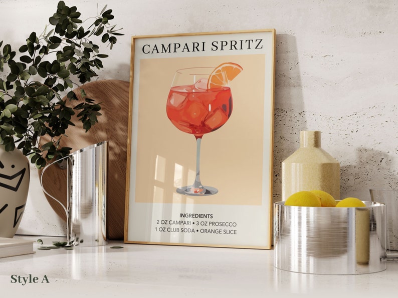 Campari Spritz Art Print | Bar Cart Decor Cocktail Poster | Wedding ...