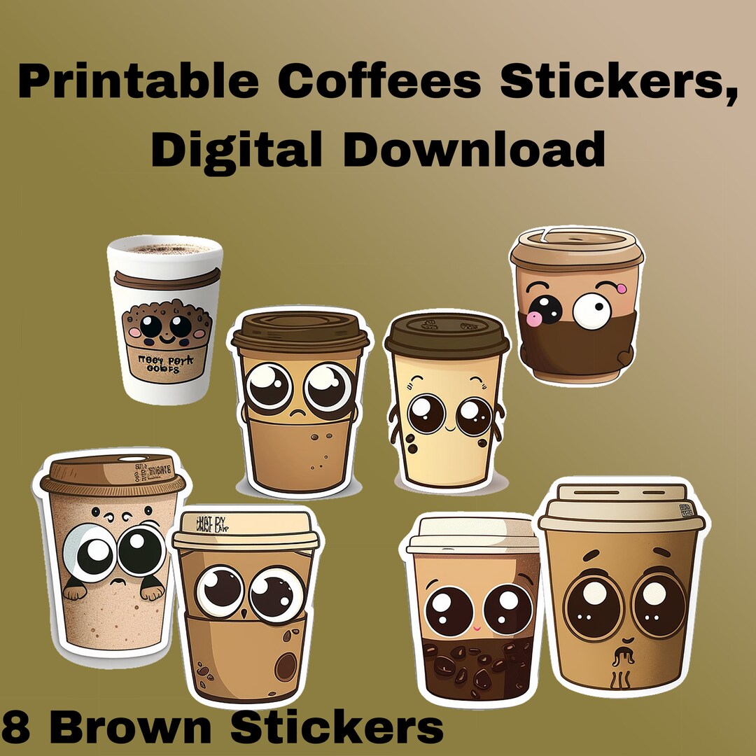 8 Cute Coffee Stickers, Printable Stickers, AI Generated, Digital Style ...