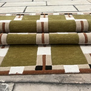 Modern Olive Green Brown Plaid Hand Tufted Wool Rug Mid Century Living ...