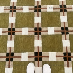 Modern Olive Green Brown Plaid Hand Tufted Wool Rug Mid Century Living ...