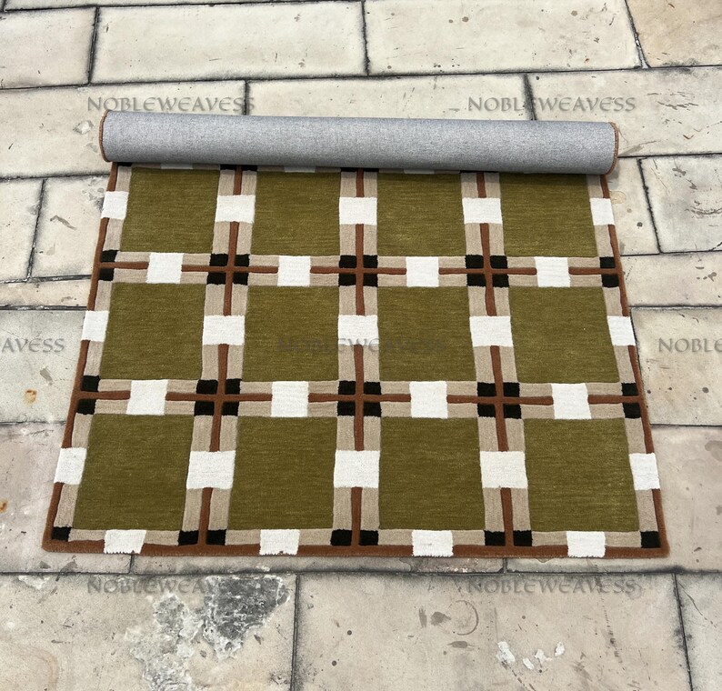 Modern Olive Green Brown Plaid Hand Tufted Wool Rug Mid Century Living ...