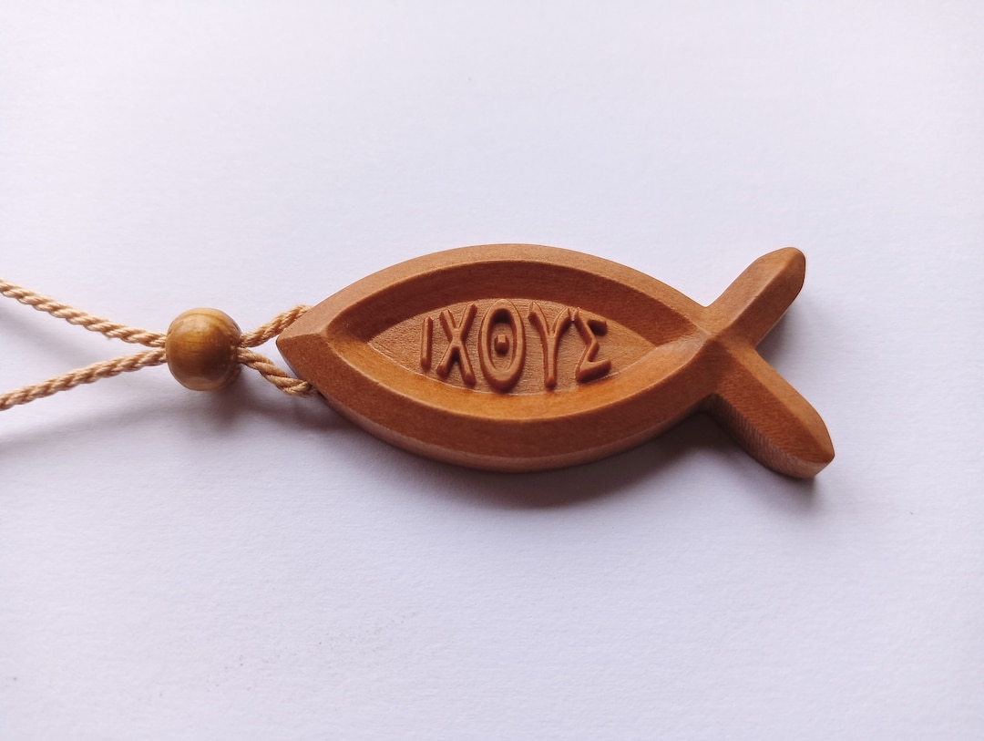 Wooden Ichthus Fish Necklace With Greek Inscription - Etsy
