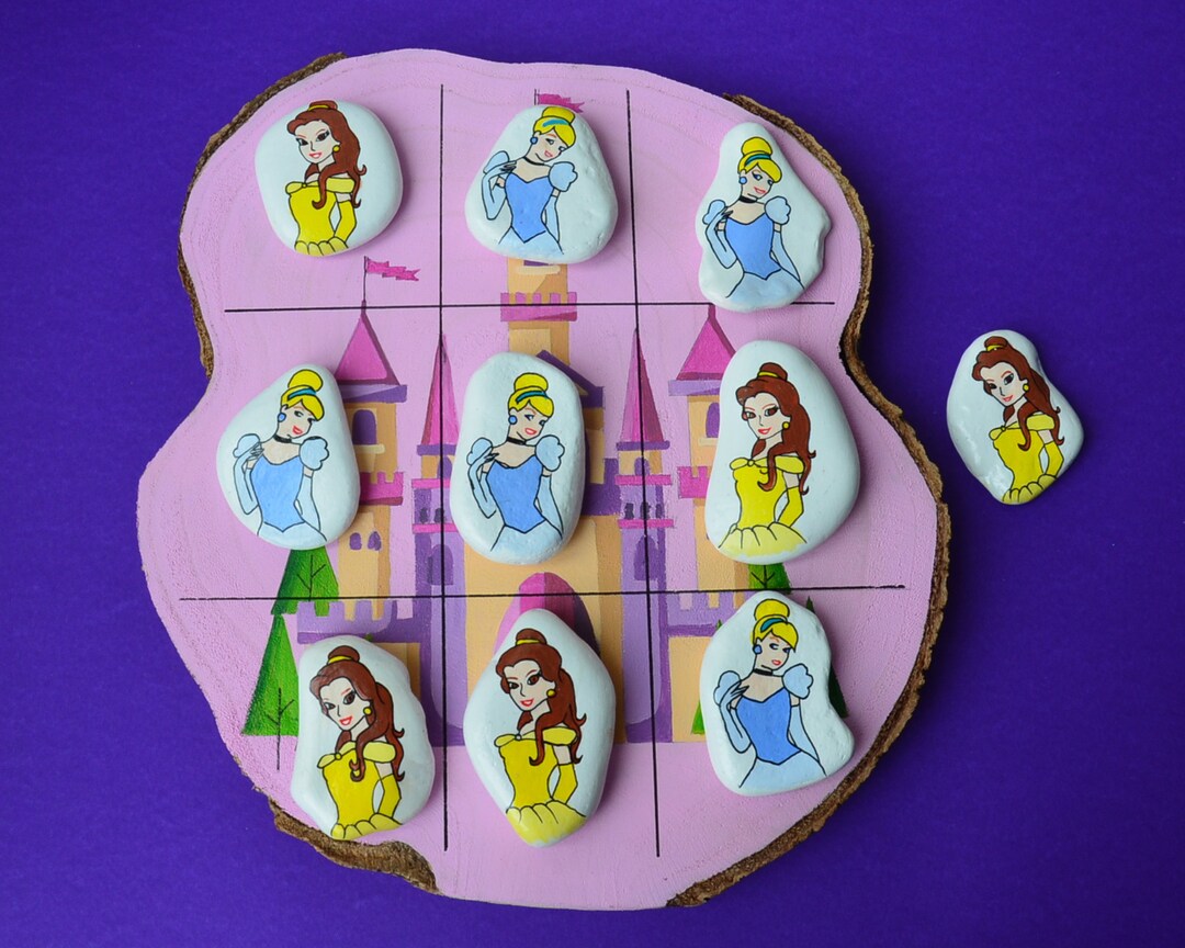 Princess Tic Tac Toe Handpainted Pebbles Belle & Cinderella - Etsy
