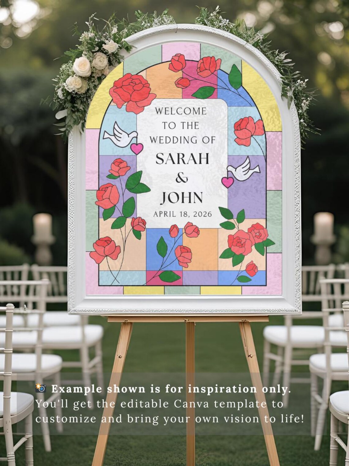Stained Glass Wedding Welcome Sign Template: Roses & Doves (DIY Canva ...