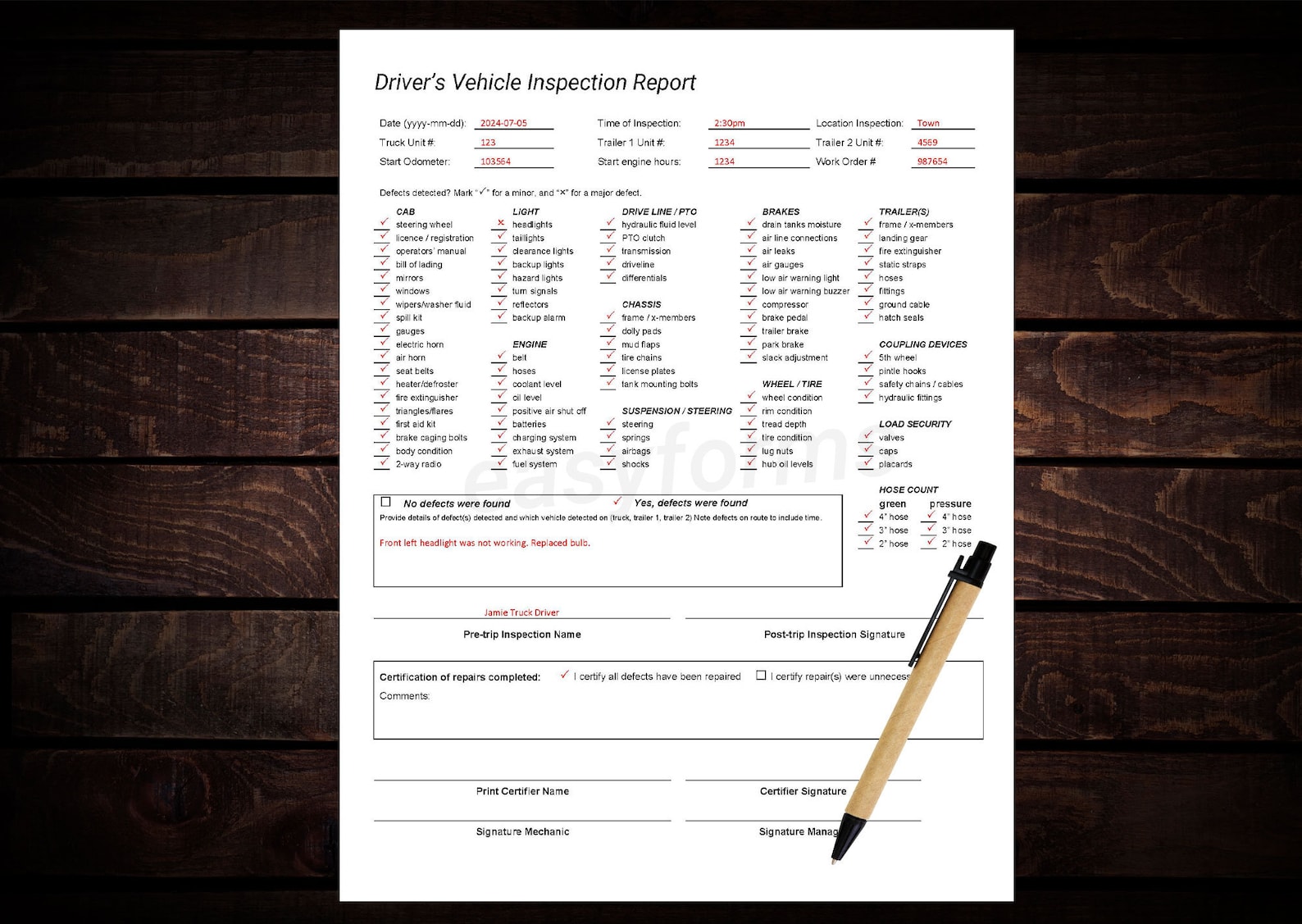 Truck Driver Inspection Report: Pre & Post Trip Checklist (printable ...