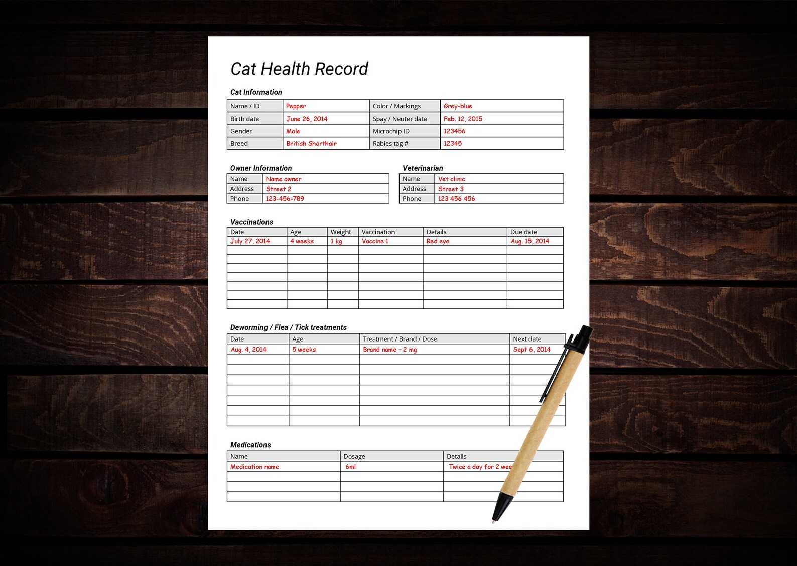 Cat Health Record Template: Kitten Vaccination, Medication, Vet Records ...