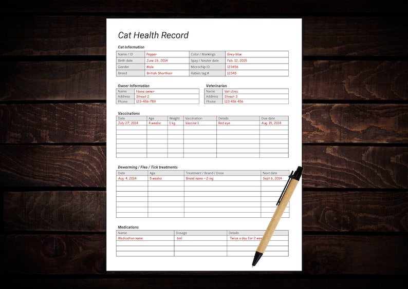 Cat Health Record Template: Kitten Vaccination, Medication, Vet Records ...