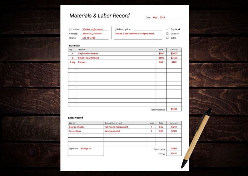 Material and Labor Record | Service Hours Record | Labour Record Sheet | Material Record Form ...
