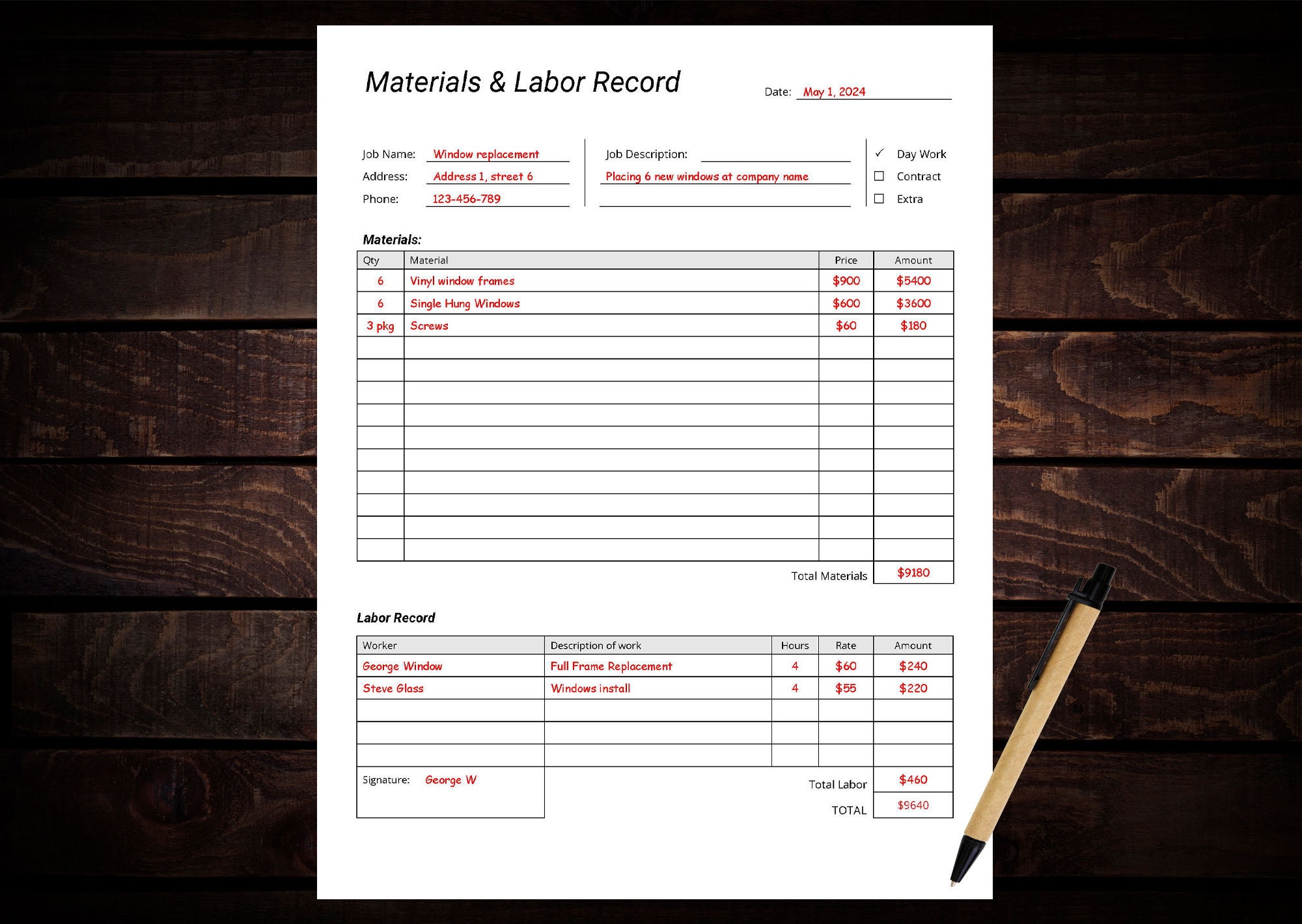 Material and Labor Record | Service Hours Record | Labour Record Sheet ...