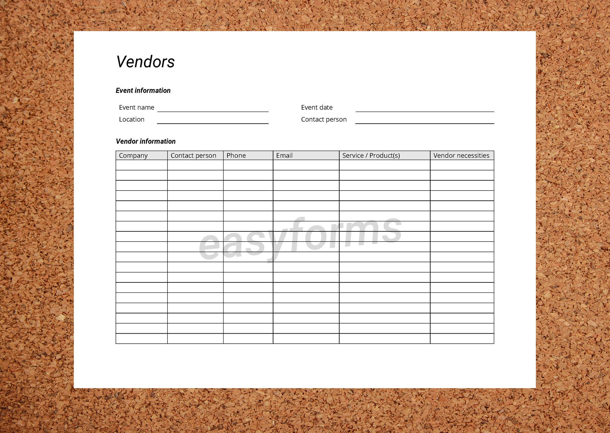 Vendor Information Form | Vendor List Sheet | Event Planner Vendors ...