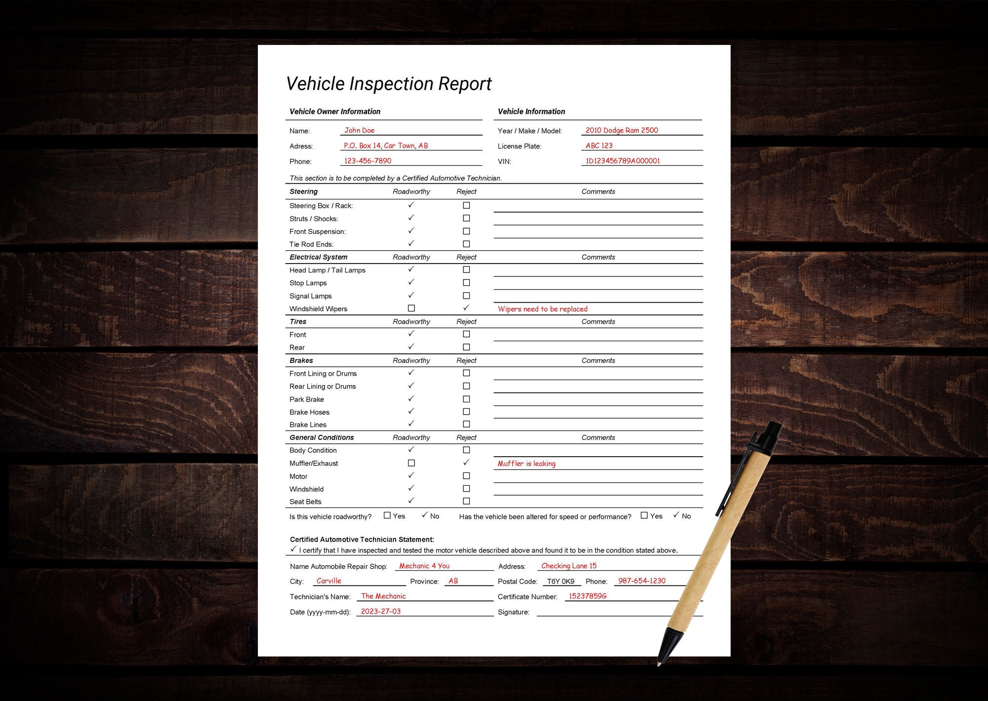 Vehicle Inspection Report | Car Inspection Checklist | Mechanical ...