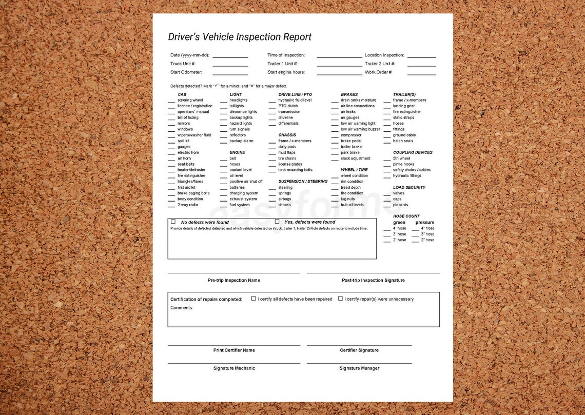 Truck Driver Inspection Report: Pre & Post Trip Checklist (printable ...