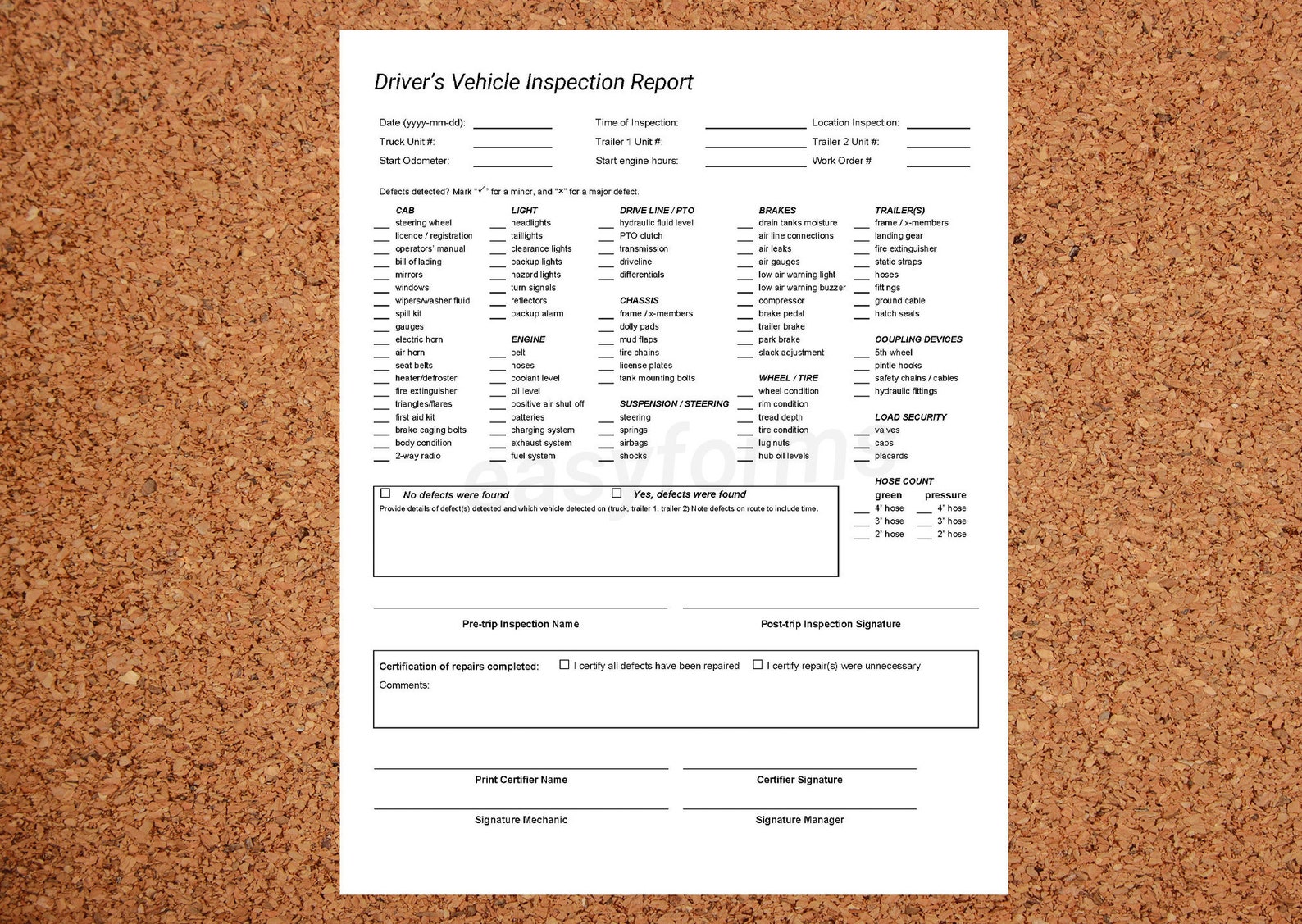 Truck Driver Inspection Report: Pre & Post Trip Checklist (printable ...