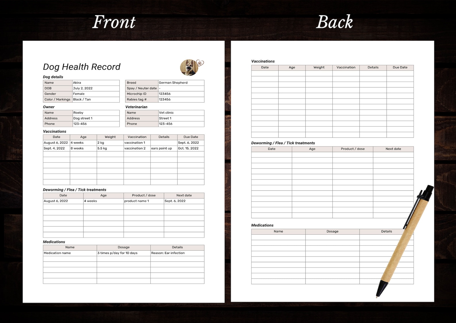 Dog Health Record Canva | Puppy Vaccination Form | Canine Medication ...