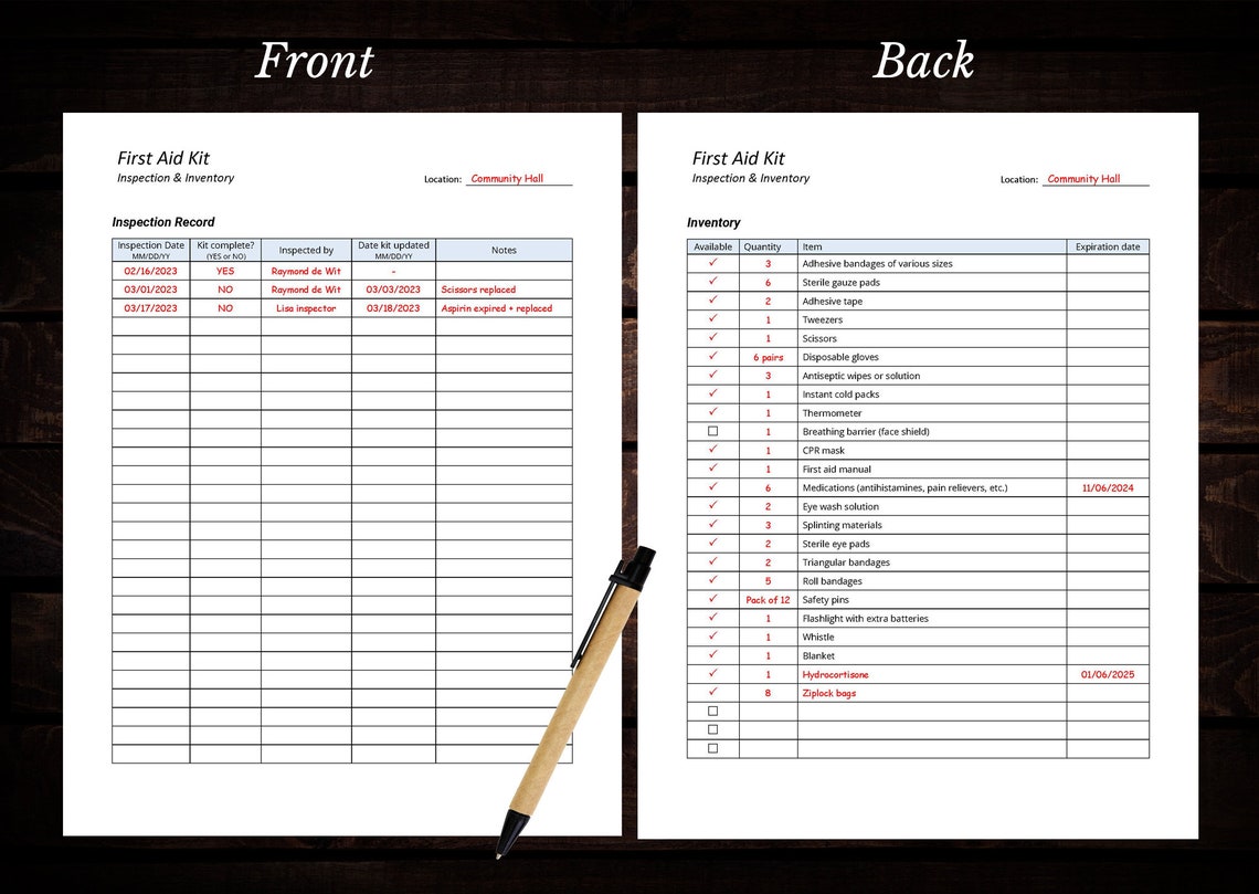 First Aid Kit Inspection Record | First Aid Kit Checklist | First Aid ...