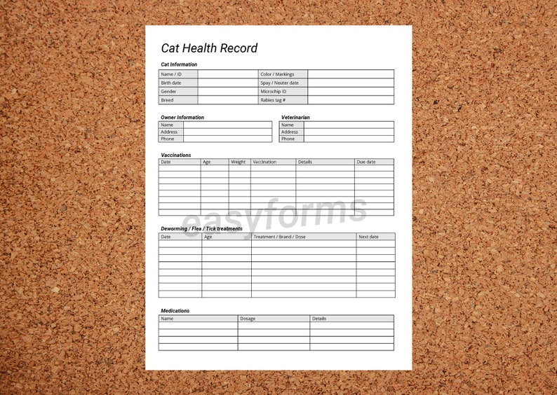 Cat Health Record Template: Kitten Vaccination, Medication, Vet Records ...