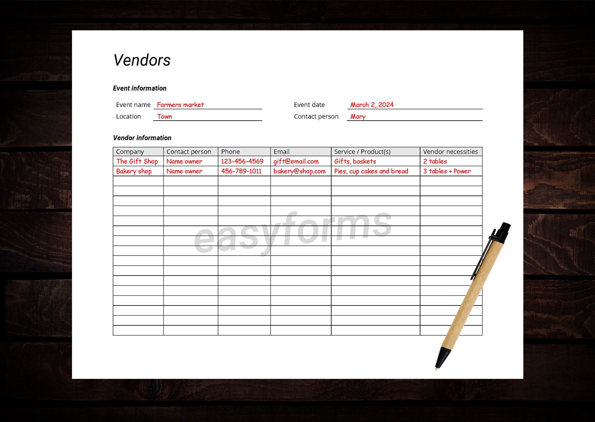 Vendor Information Form | Vendor List Sheet | Event Planner Vendors ...