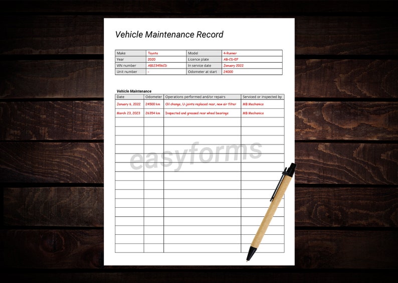 Vehicle Maintenance Log: Printable Car Service Record (PDF, Word) - Etsy
