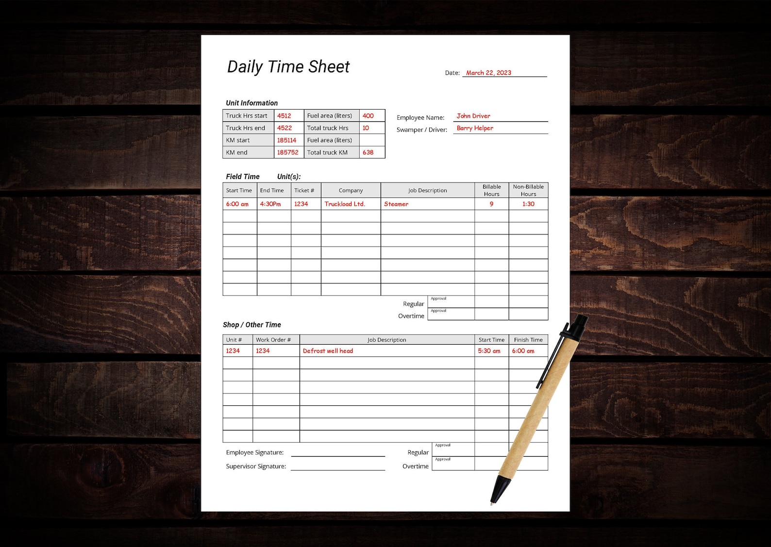 Daily Time Sheet Truck Driver | Driver Timecard Printable | | Daily ...