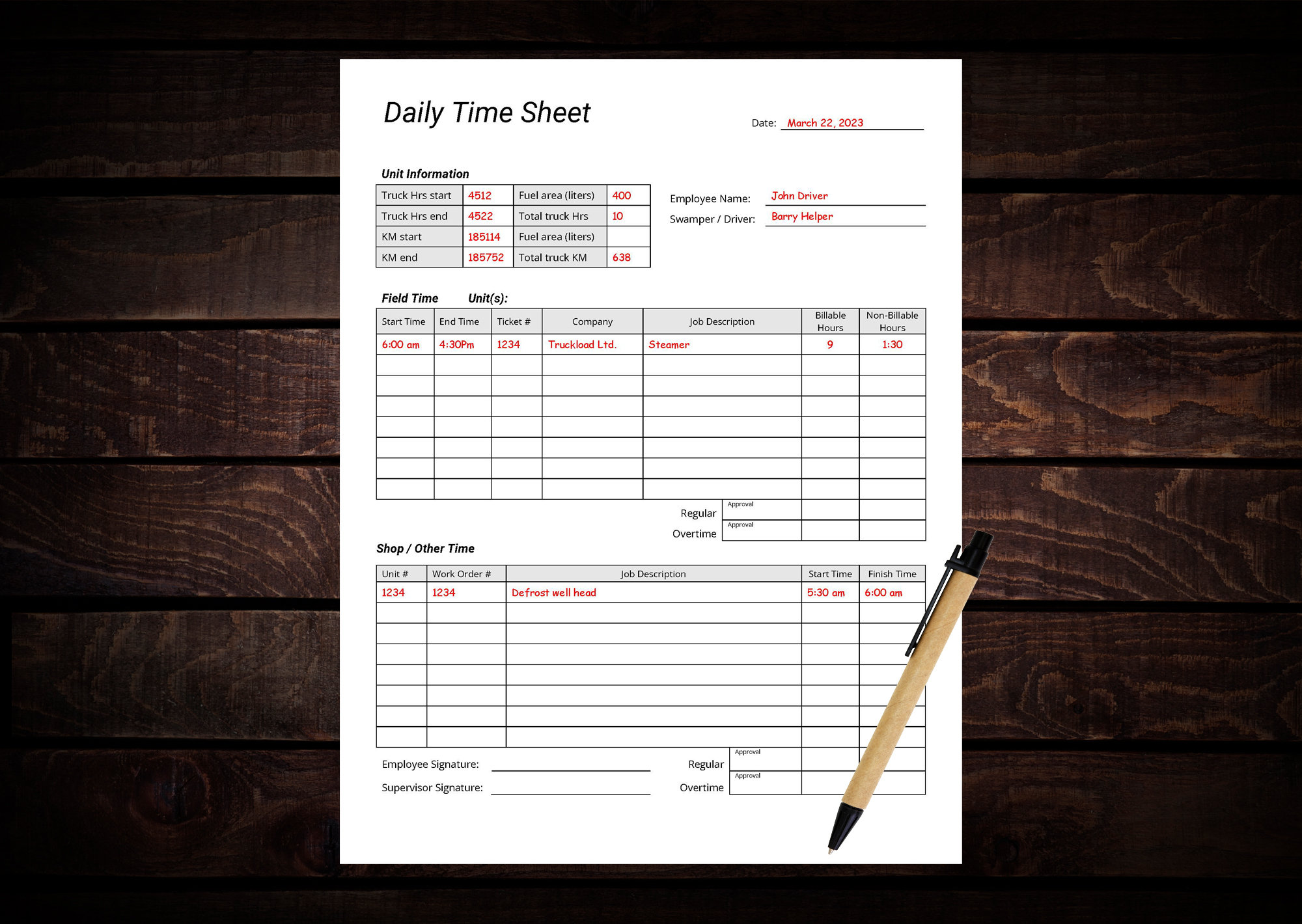 Daily Time Sheet Truck Driver | Driver Timecard Printable | | Daily ...