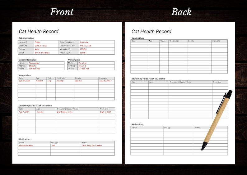 Cat Health Record Template: Kitten Vaccination, Medication, Vet Records ...