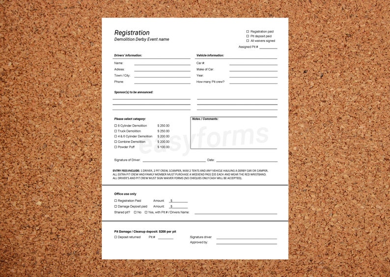 Demolition Derby Registration Form Demo Derby Registration - Etsy