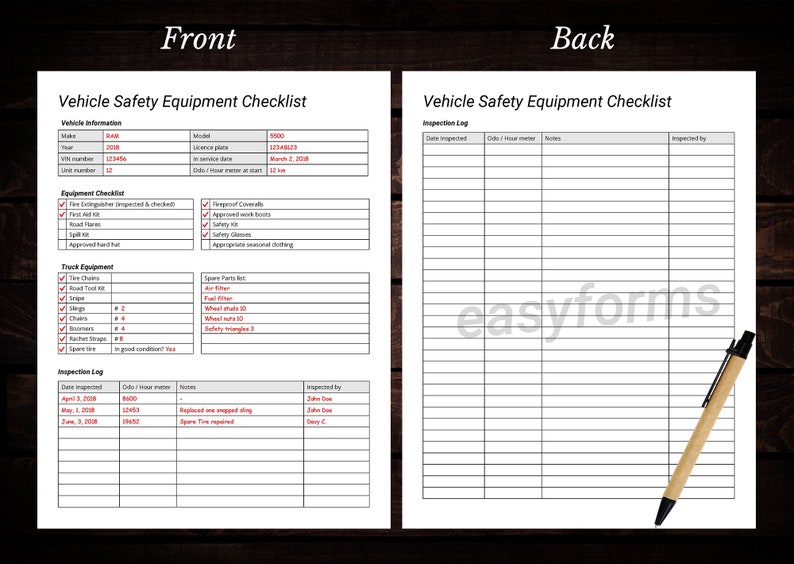 Vehicle Safety Checklist: Daily Equipment Inspection (printable ...