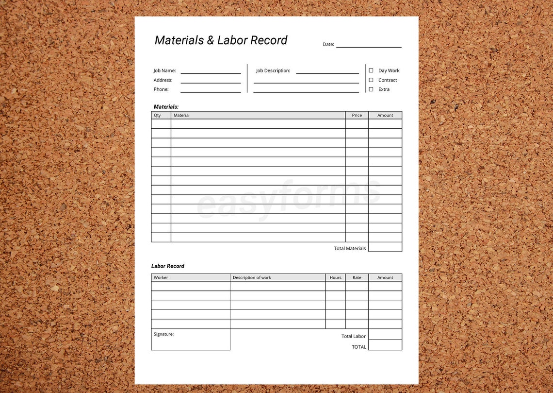 Material and Labor Record | Service Hours Record | Labour Record Sheet ...