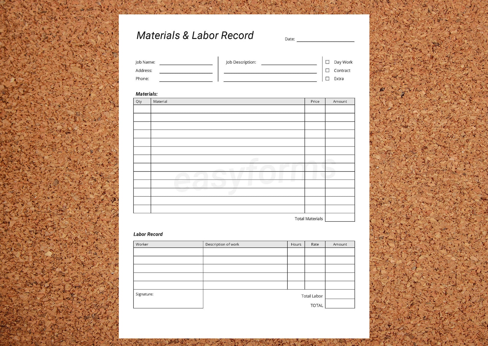 Material and Labor Record | Service Hours Record | Labour Record Sheet ...