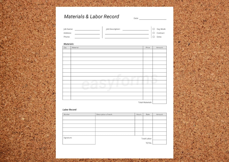 Material and Labor Record | Service Hours Record | Labour Record Sheet ...