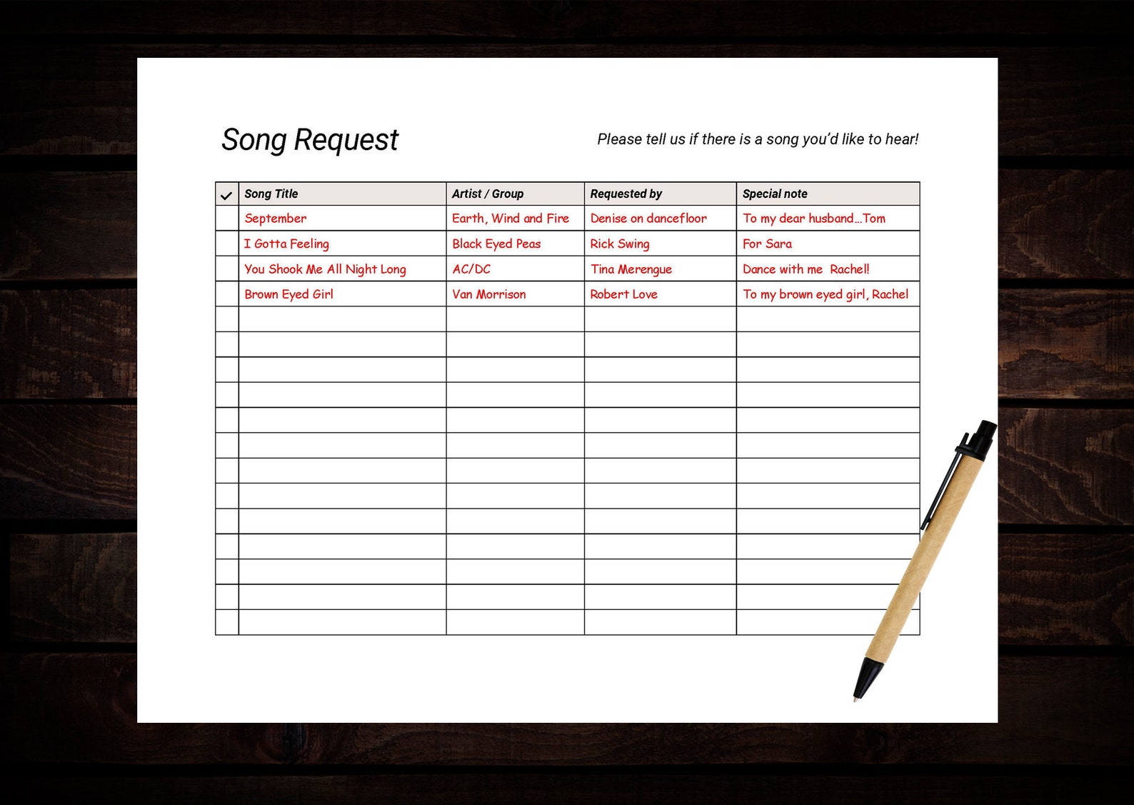 Printable Song Request Form: Party & Wedding Music List (PDF, Word) - Etsy