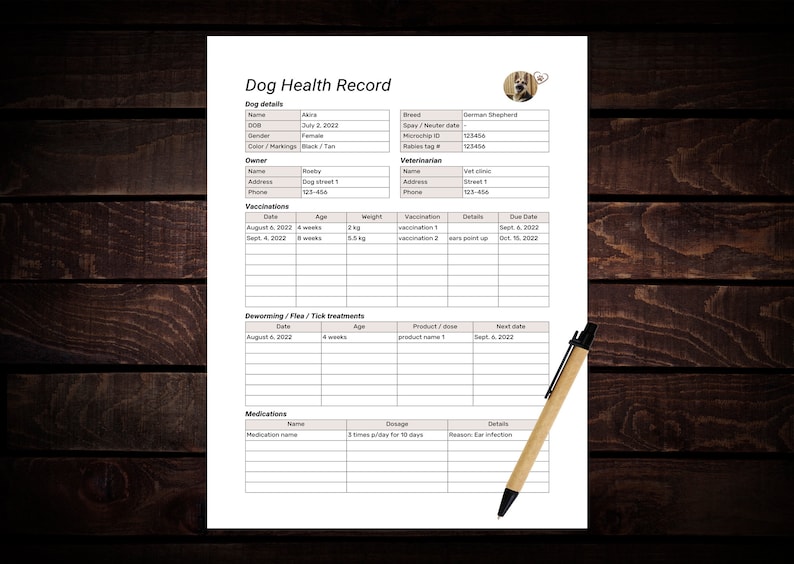 Dog Health Record Canva | Puppy Vaccination Form | Canine Medication ...