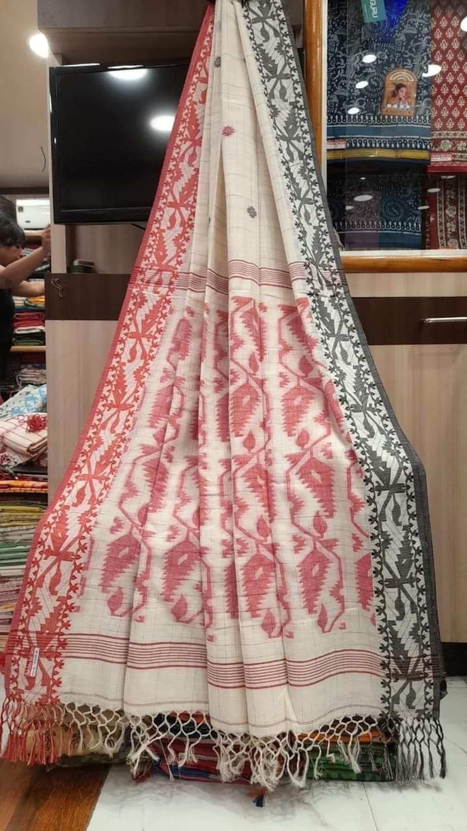 Handmade Handloom Hand Waving Khadi Cotton Jamdani Saree With BP Indian ...