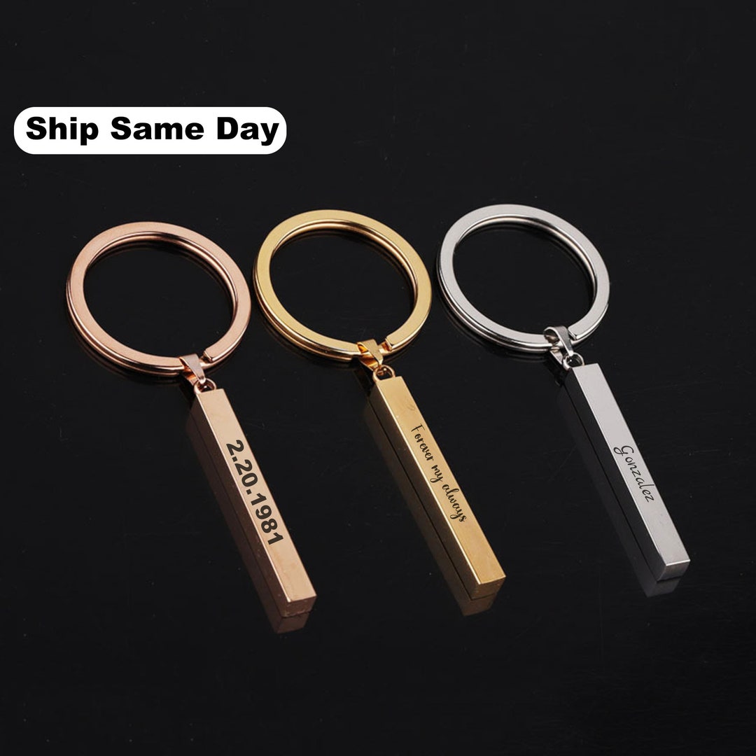 Engraved 3D 4 Sides Bar Stainless Steel Keychain, Car Key Chain for Men ...