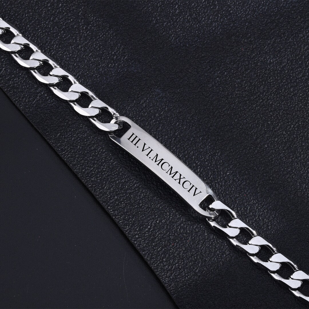 Engraved Roman Numeral Silver Bar Matching Couple Coordinate Bracelets ...