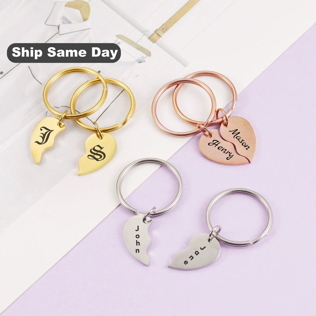 Split Heart Keychain With Name and Initials,personalized Couple Keyring ...