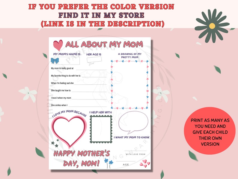 All About My Mom Printable Fill in the Blanks Questionnaire for Mother ...