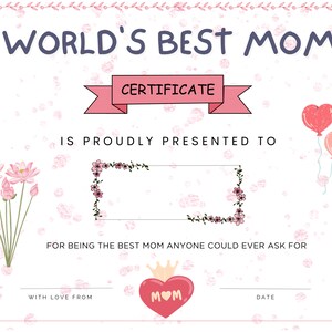World's Best Mom Certificate Printable | Mother's Day Unique Gift From ...