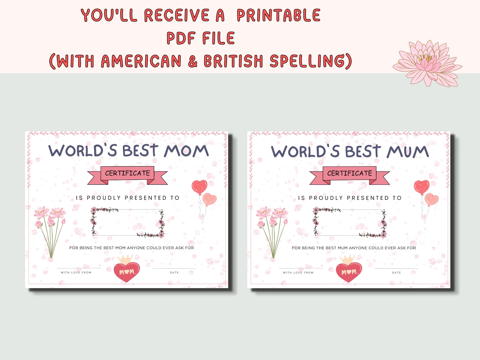 World's Best Mom Certificate Printable Mother's Day Unique Gift From ...