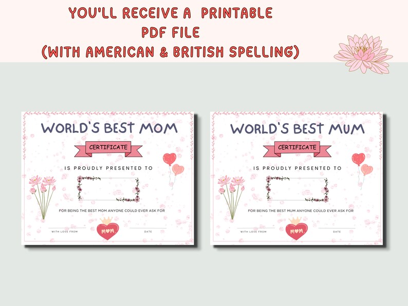 World's Best Mom Certificate Printable | Mother's Day Unique Gift From ...