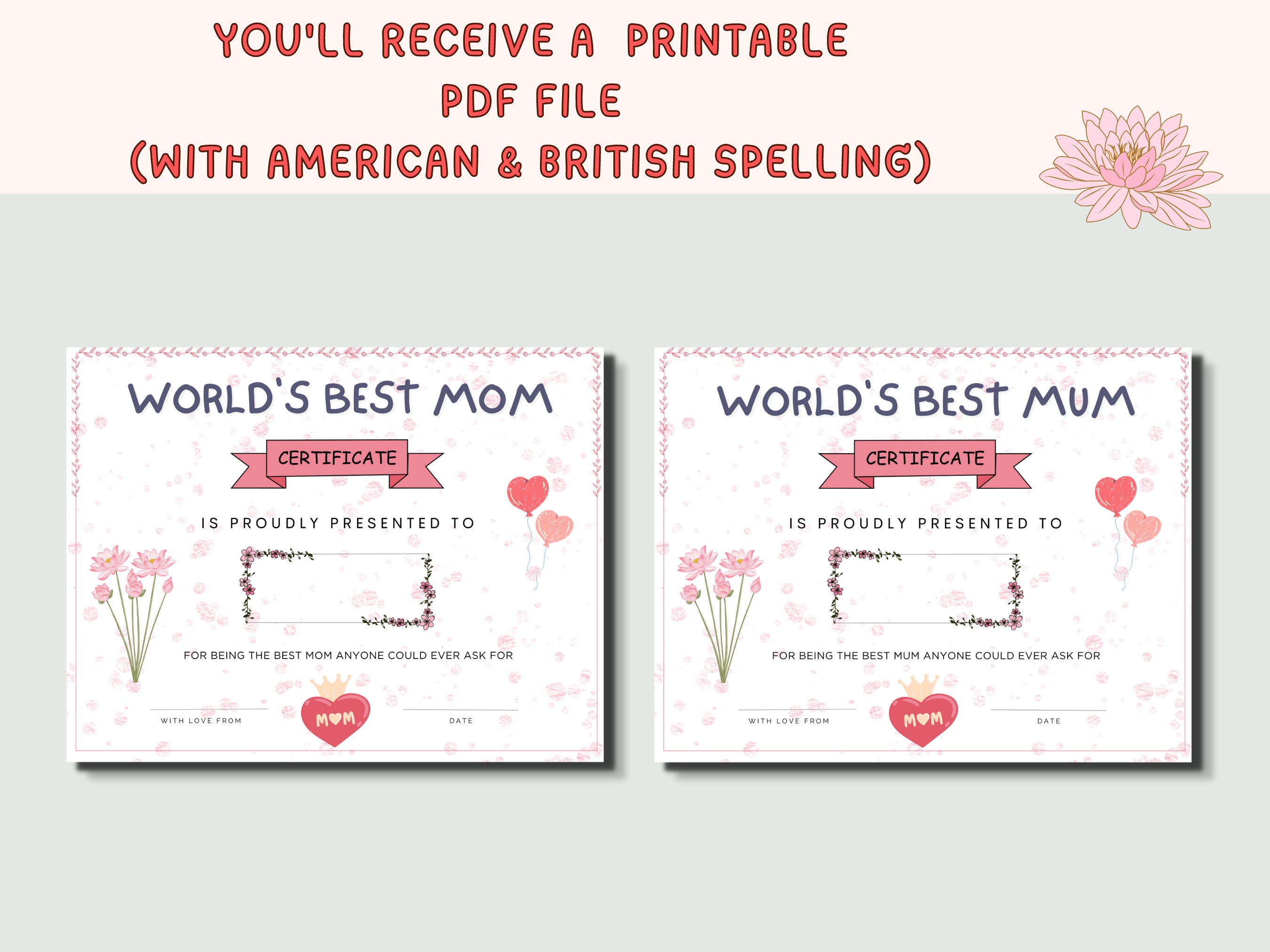 World's Best Mom Certificate Printable Mother's Day Unique Gift From ...