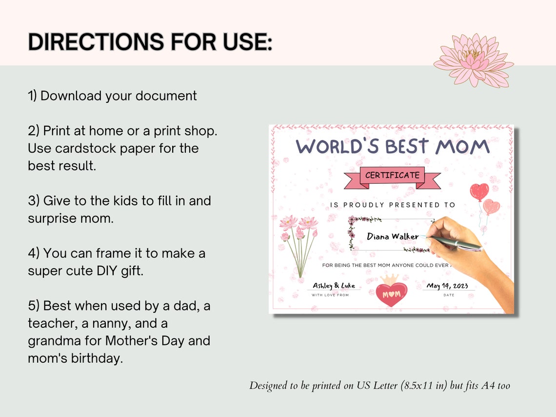 World's Best Mom Certificate Printable Mother's Day Unique Gift From ...