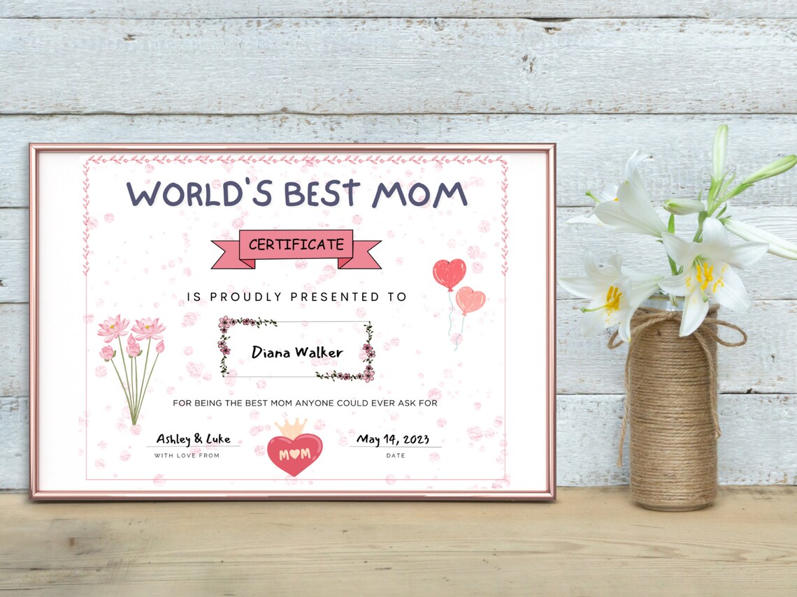 World's Best Mom Certificate Printable Mother's Day Unique Gift From ...
