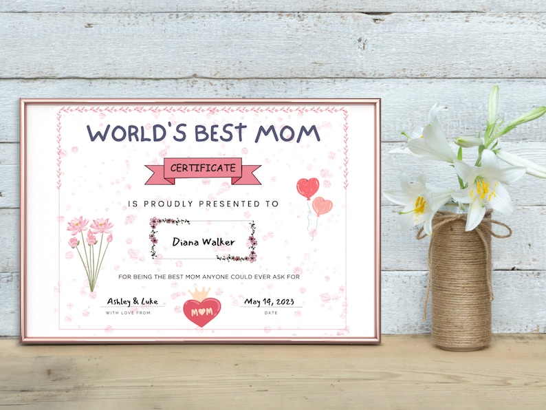 World's Best Mom Certificate Printable | Mother's Day Unique Gift From ...