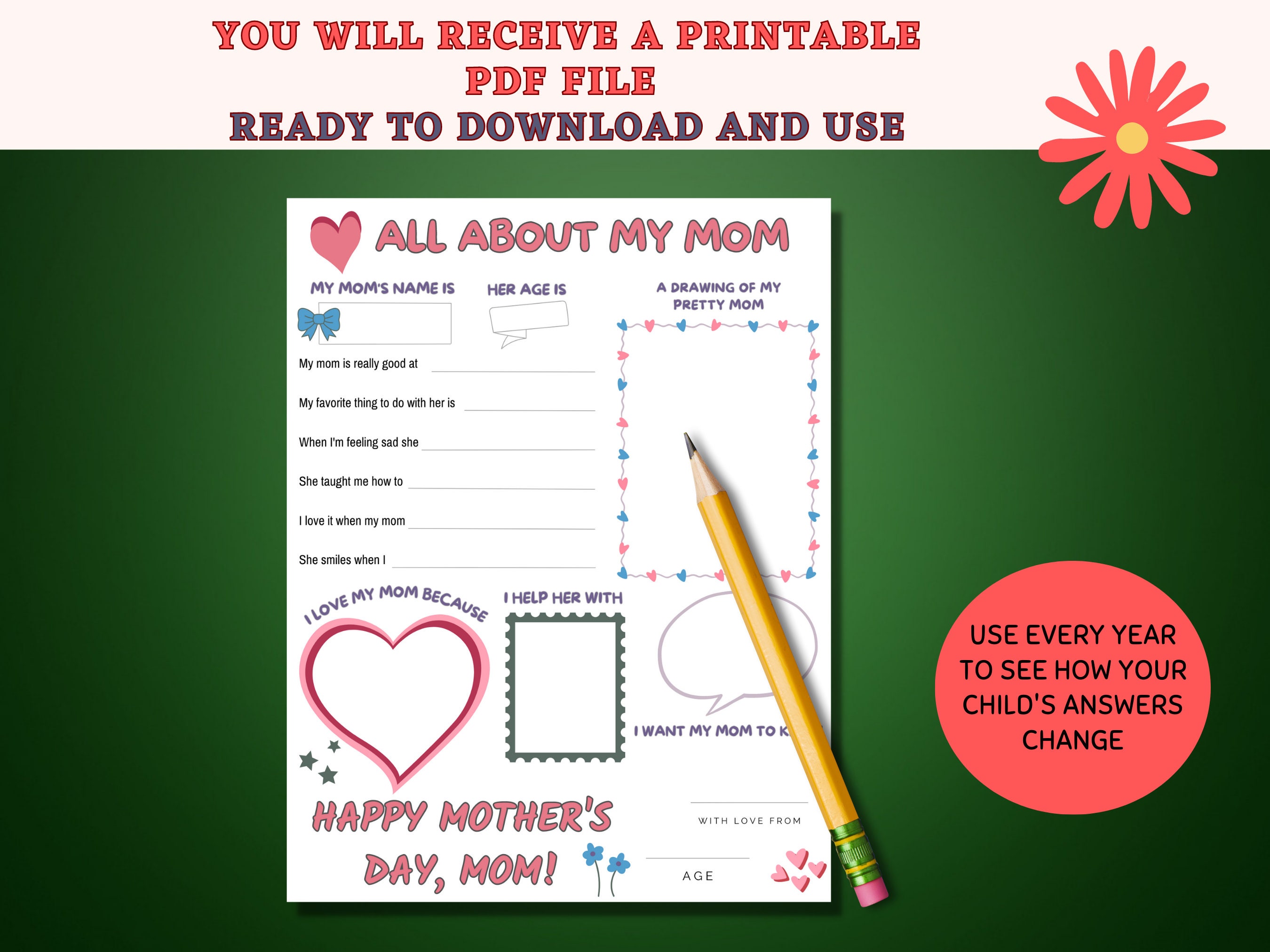 All About My Mom Printable Fill in the Blanks Questionnaire for Mother ...