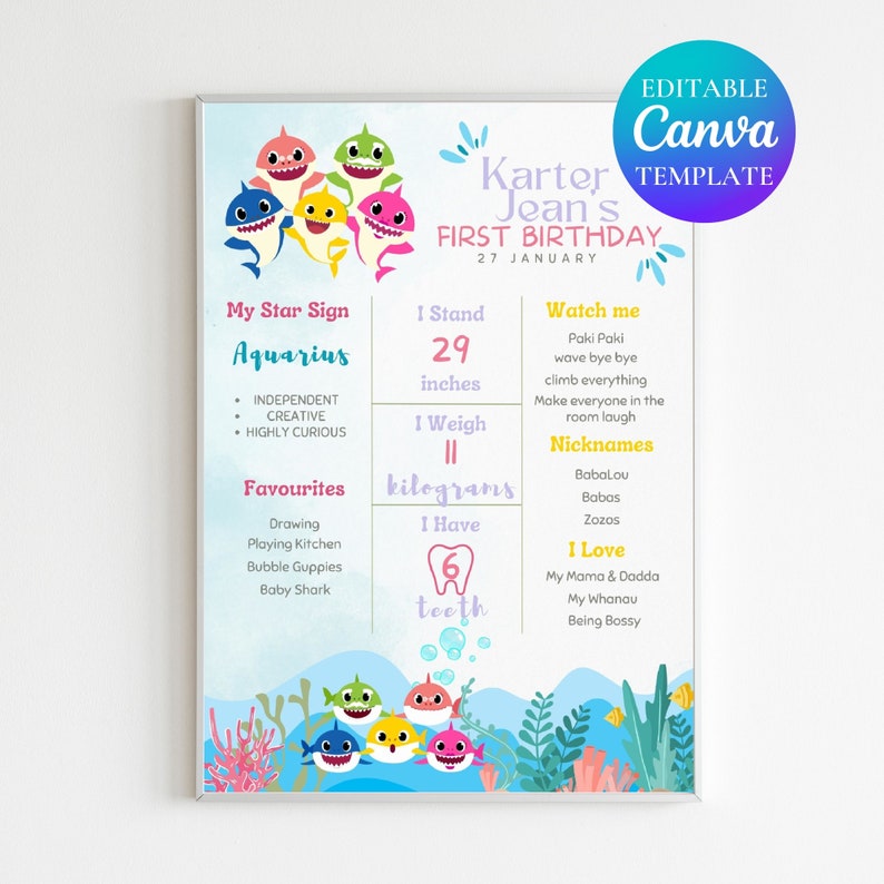 Baby Shark Themed Milestone Board Template First Birthday Sign Editable ...