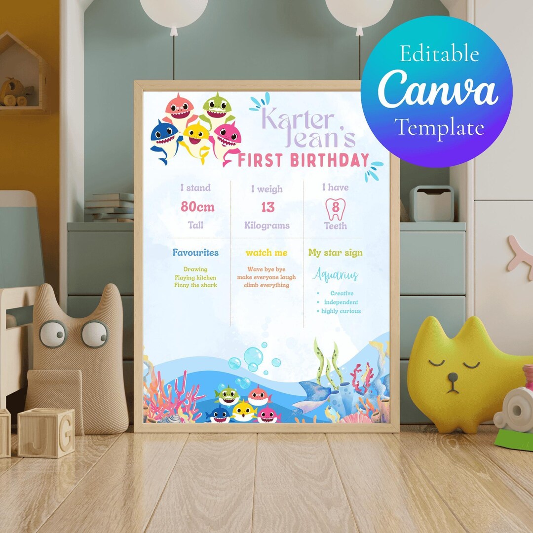 Baby Shark Themed Milestone Board Template | First Birthday Sign ...